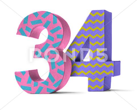 Colorful Paper Mache Number On A White Background - Number 34 Stock Photo
